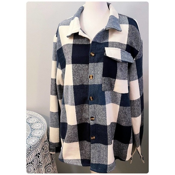SHEIN | Jackets & Coats | Shein Womens Blue Plaid Long Sleeve Button Up ...